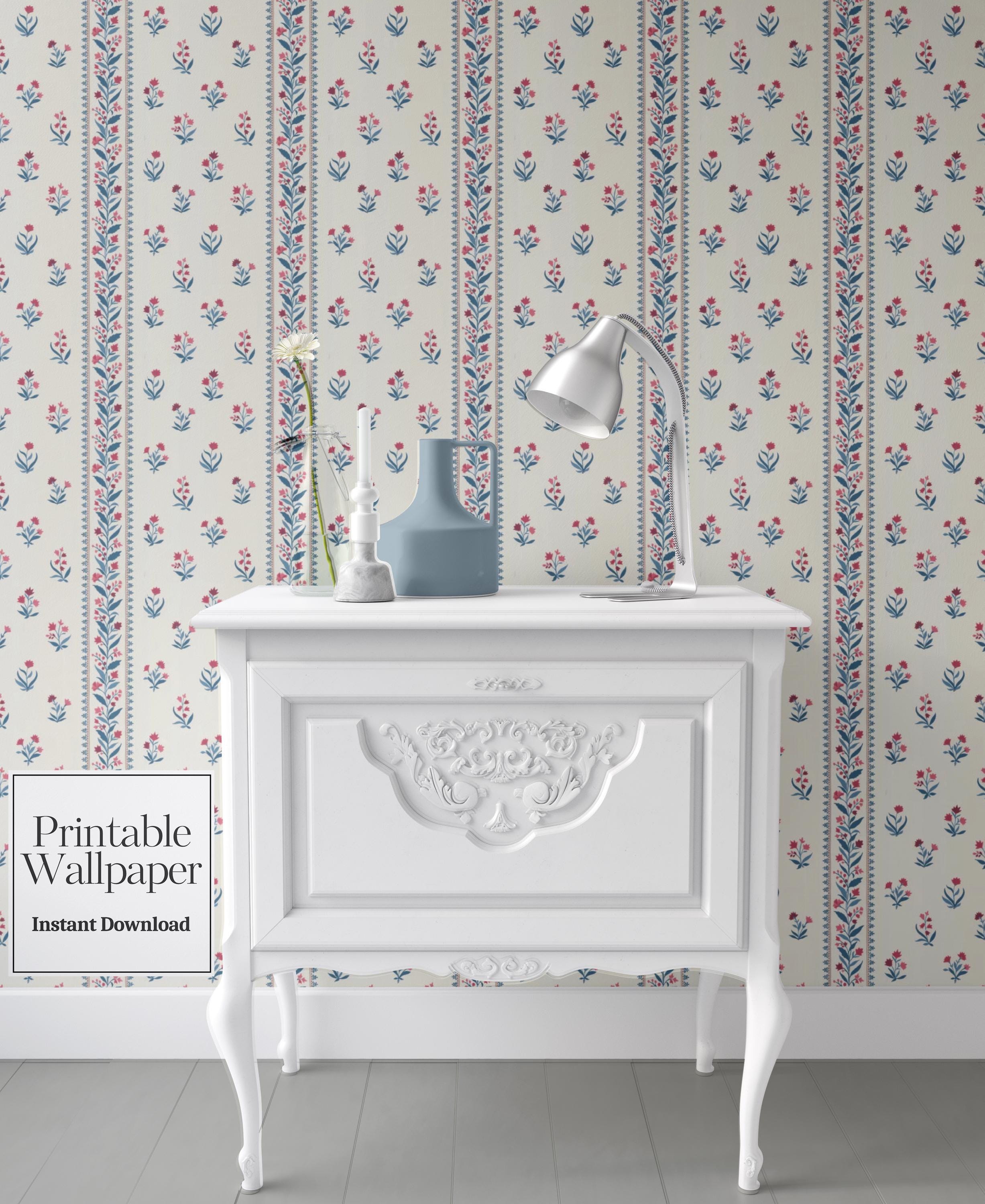 Dollhouse Wallpaper: Blue & Red Floral Print (1/12 Scale Digital ...
