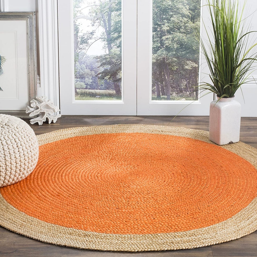 100% Natural Orange and Grey Jute Rug Braided Handmade Round Rustic ...