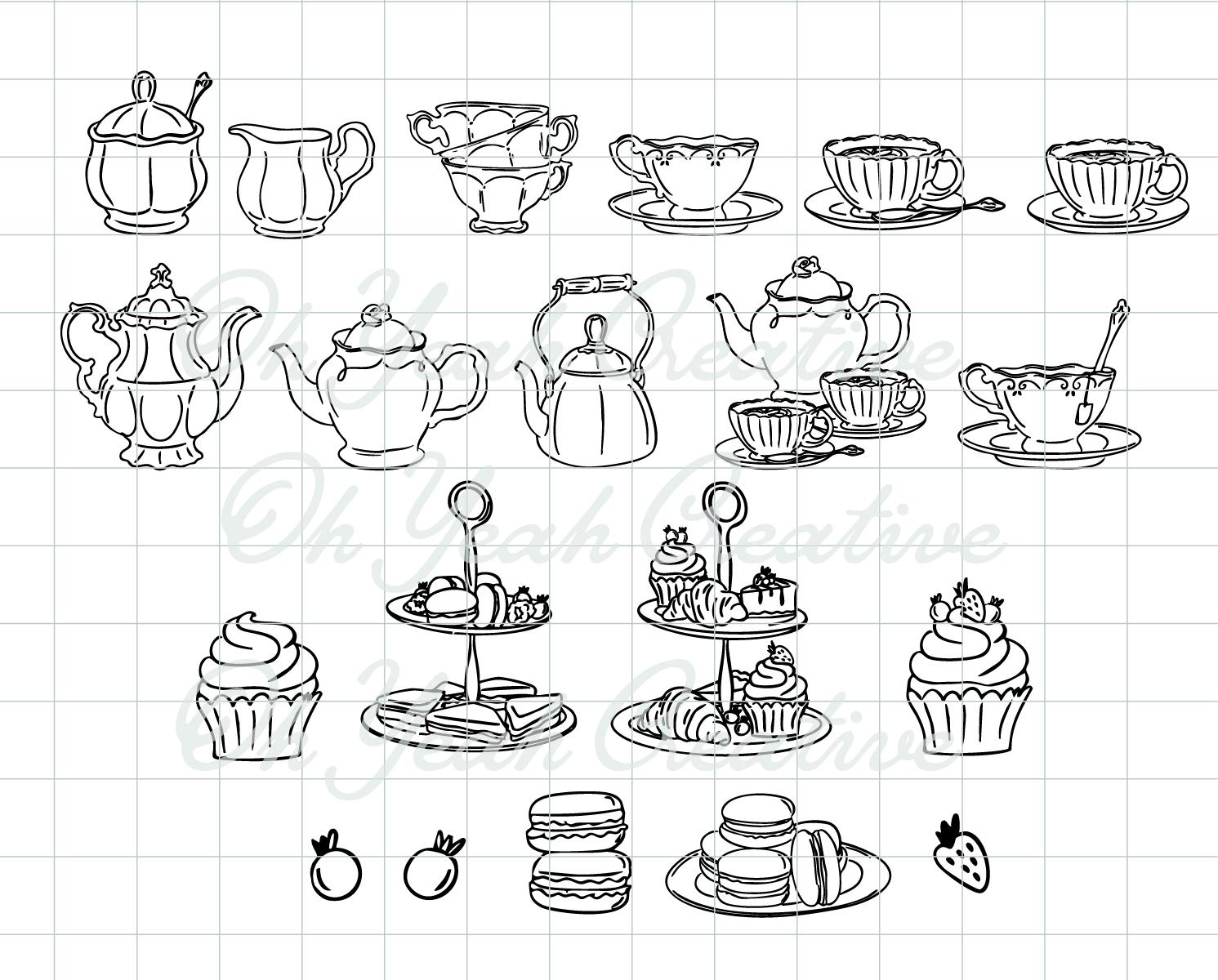 Hand Drawn Tea Party Clipart: Tea Set Illustrations (SVG & PNG Instant ...