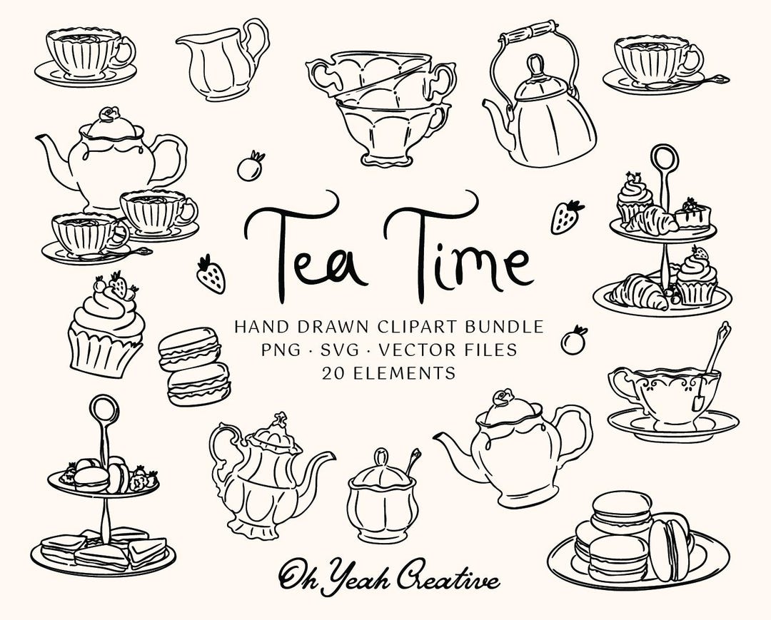 Hand Drawn Tea Party Clipart: Tea Set Illustrations (SVG & PNG Instant ...