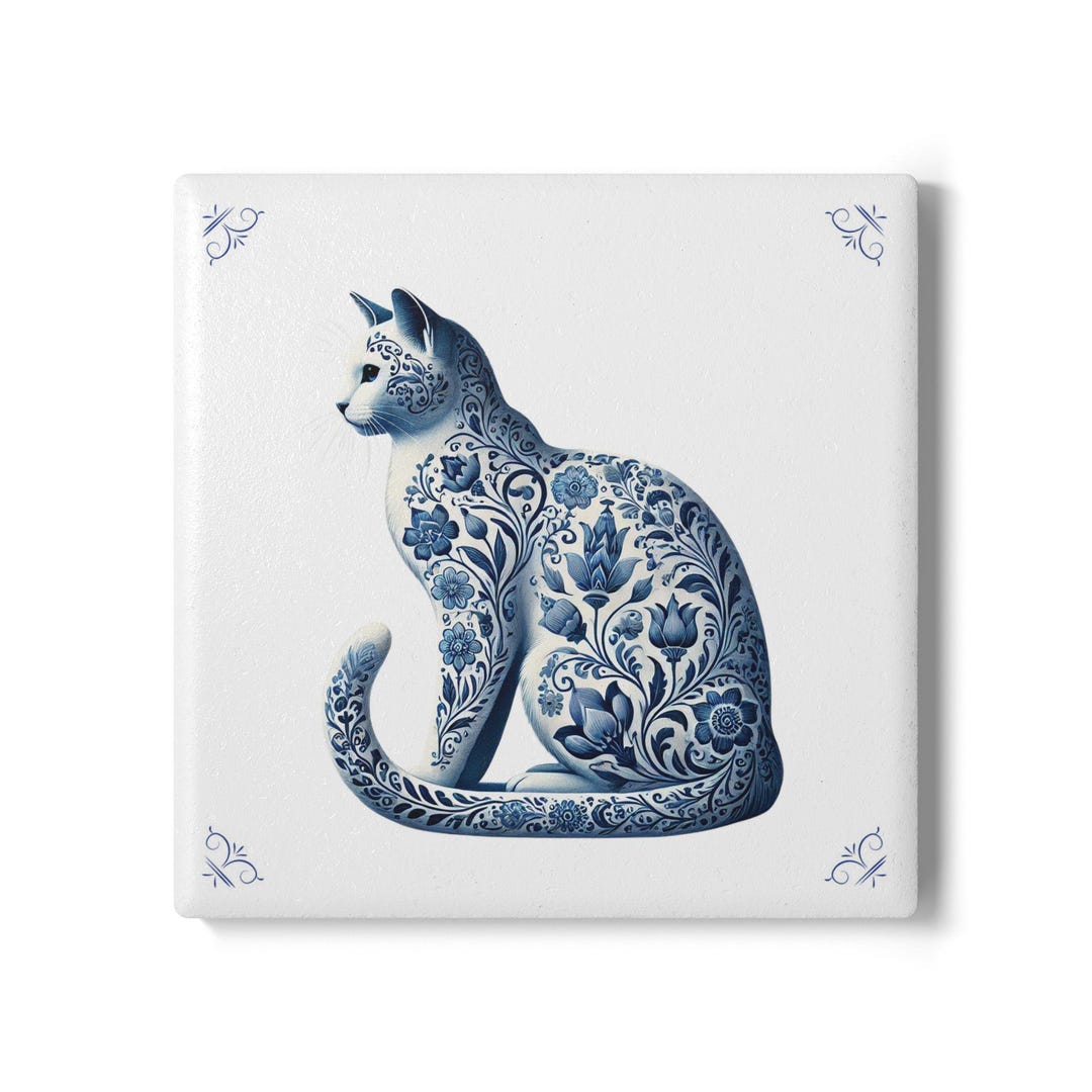 Cat, 3.94" X 3.94", Delft Blue, Ceramic Tile, Delft Blue Tile ...