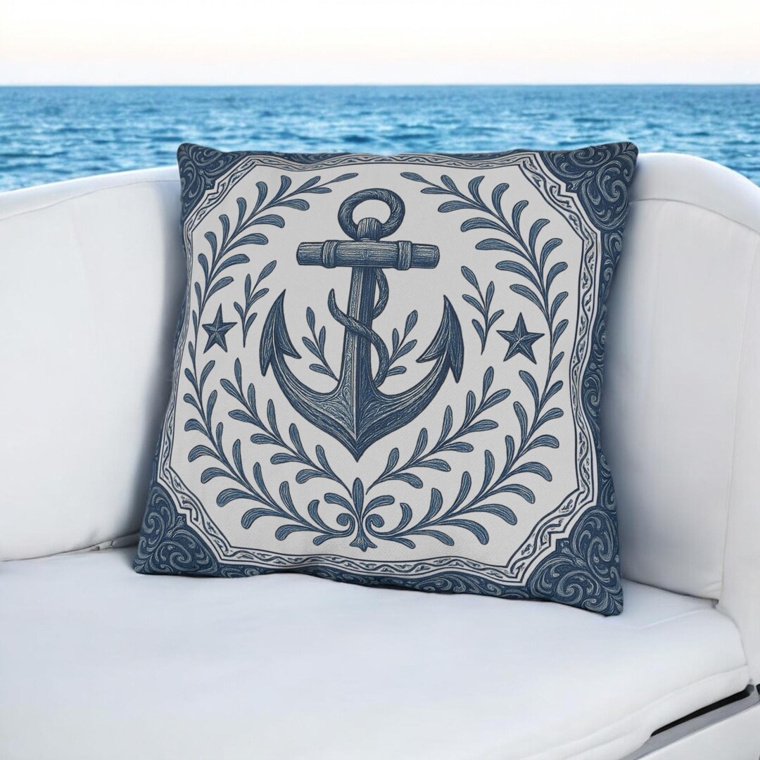Anchor, Outdoor Pillow, Delft Blue, Nautical Luxury Collection ...