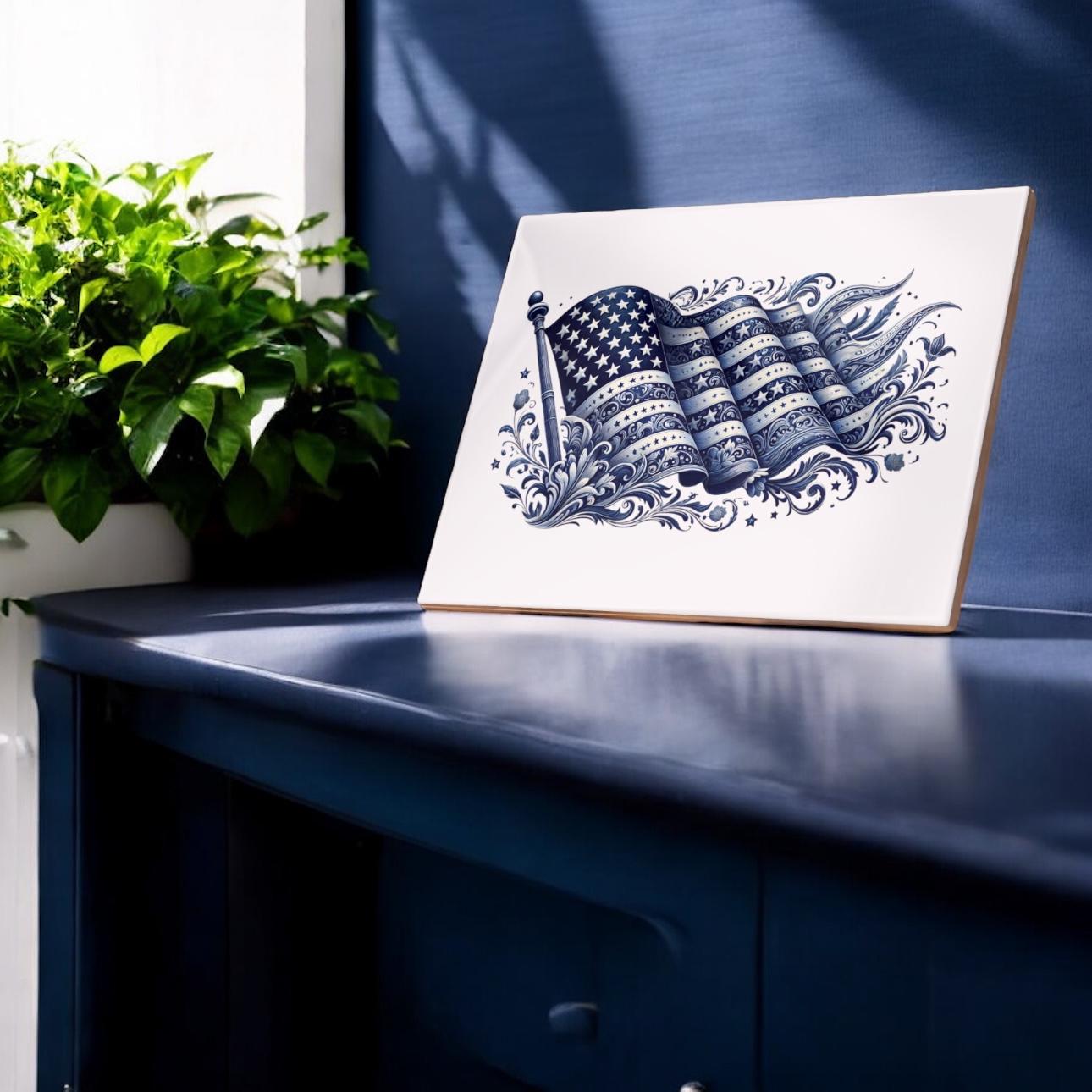 Stars and Stripes, Delft Blue Tile, Ceramic Tile, 6" X 8", USA Flag ...