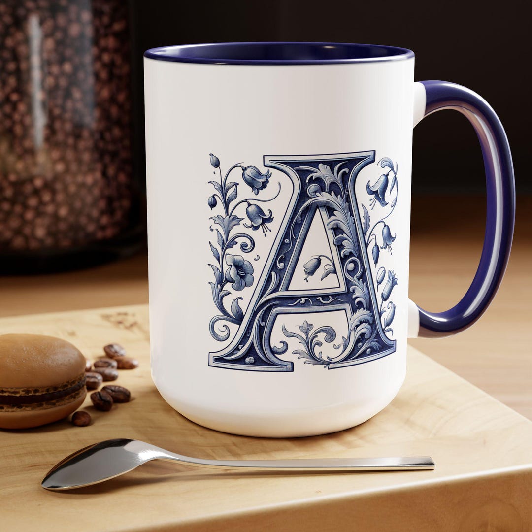 A Initial, Delft Blue Mug, Two-tone Coffee Mugs, 15oz, Delft Blue ...