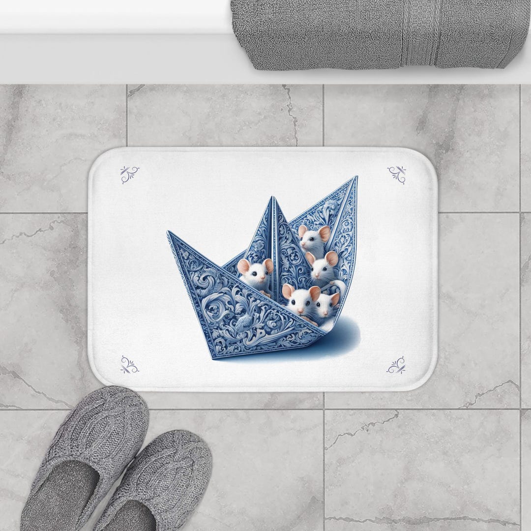 Mice in a Paper Boat, Bath Mat, Delft Blue, Mice Decor, Housewarming ...