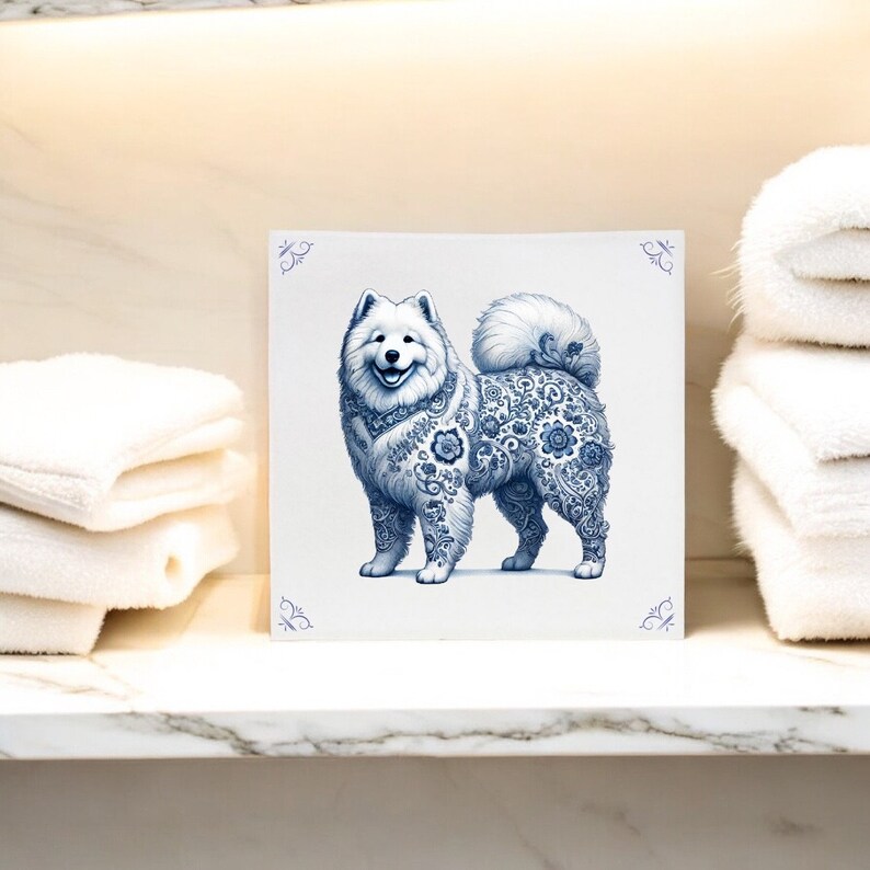 Samoyed, Dog, Tile, Delft Blue, Kitchen Tile, Bathroom Tile, Wall Art ...