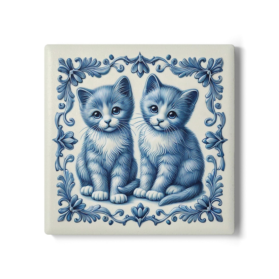 3.94" X 3.94", Kitten, Delft Blue, Ceramic Tile, Kittens, Cat, Cat ...