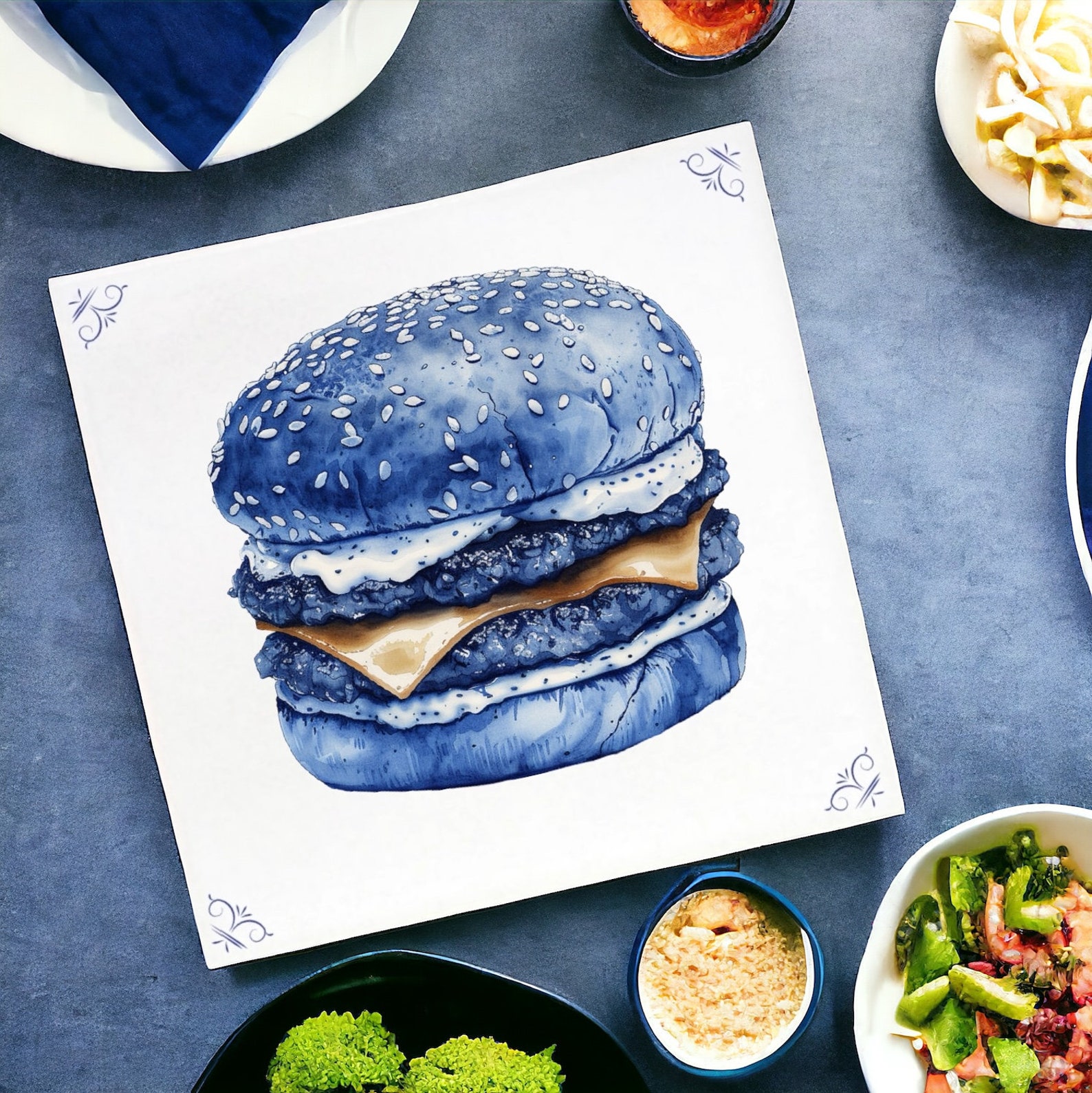 Delft Blue Hamburger, Delft Blue Tile, Tile, Hamburger, Cheeseburger ...