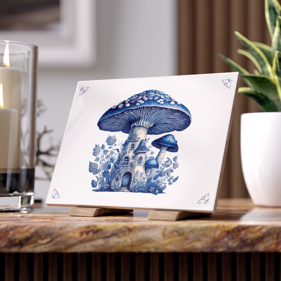 Mushroom House, Ceramic Tile, 6" X 8", Delft Blue Tile - Etsy