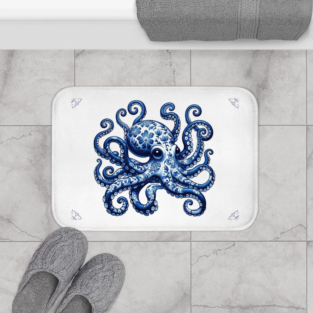 Octopus Bath Mat, Delft Blue, Sealife Decor, Housewarming Gift, Blue ...