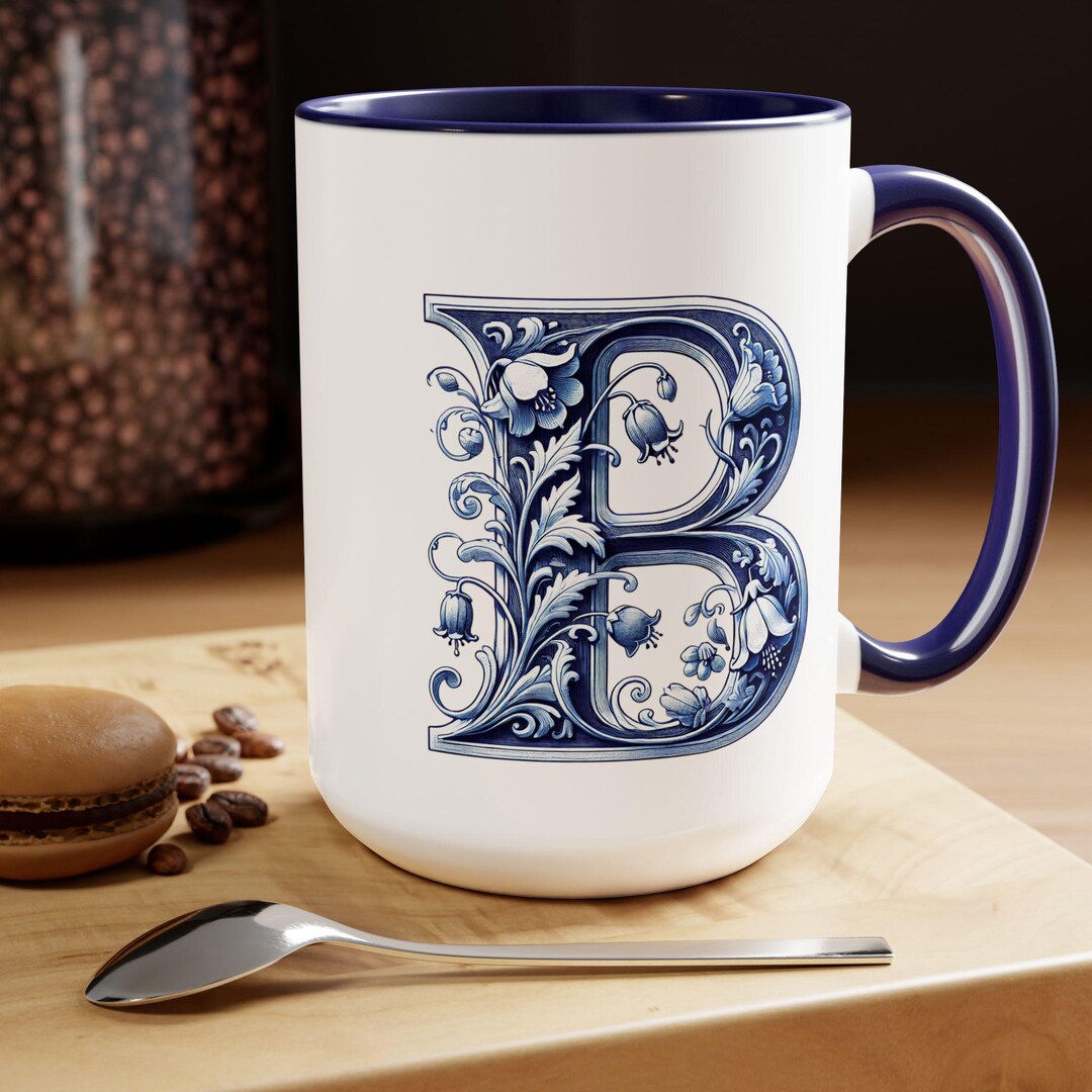 B Initial, Delft Blue Mug, Two-tone Coffee Mugs, 15oz, Delft Blue ...