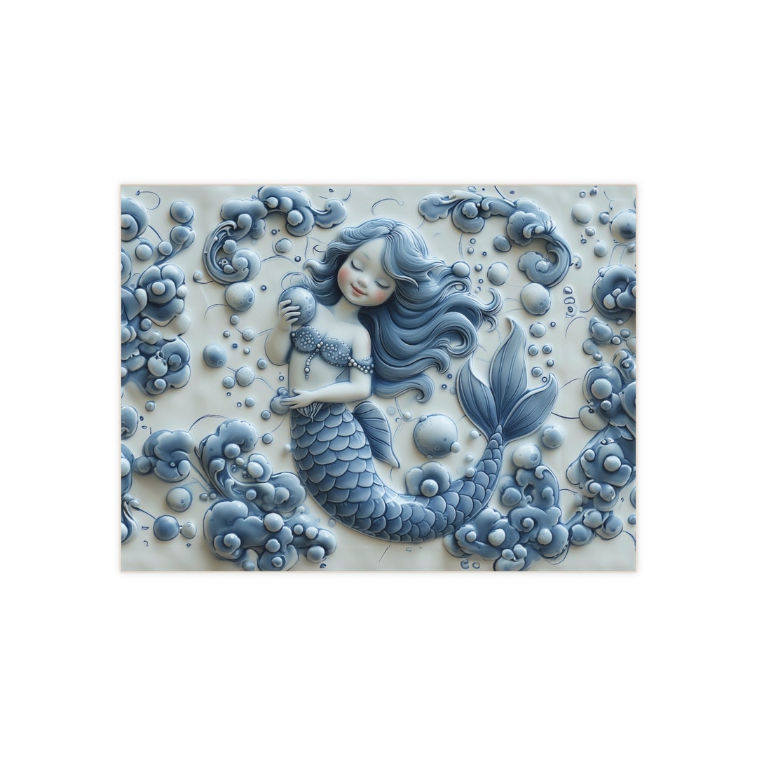 Mermaid 3D Look, Delft Blue Tile, Ceramic Tile, 6" X 8", Mermaid, 3d ...
