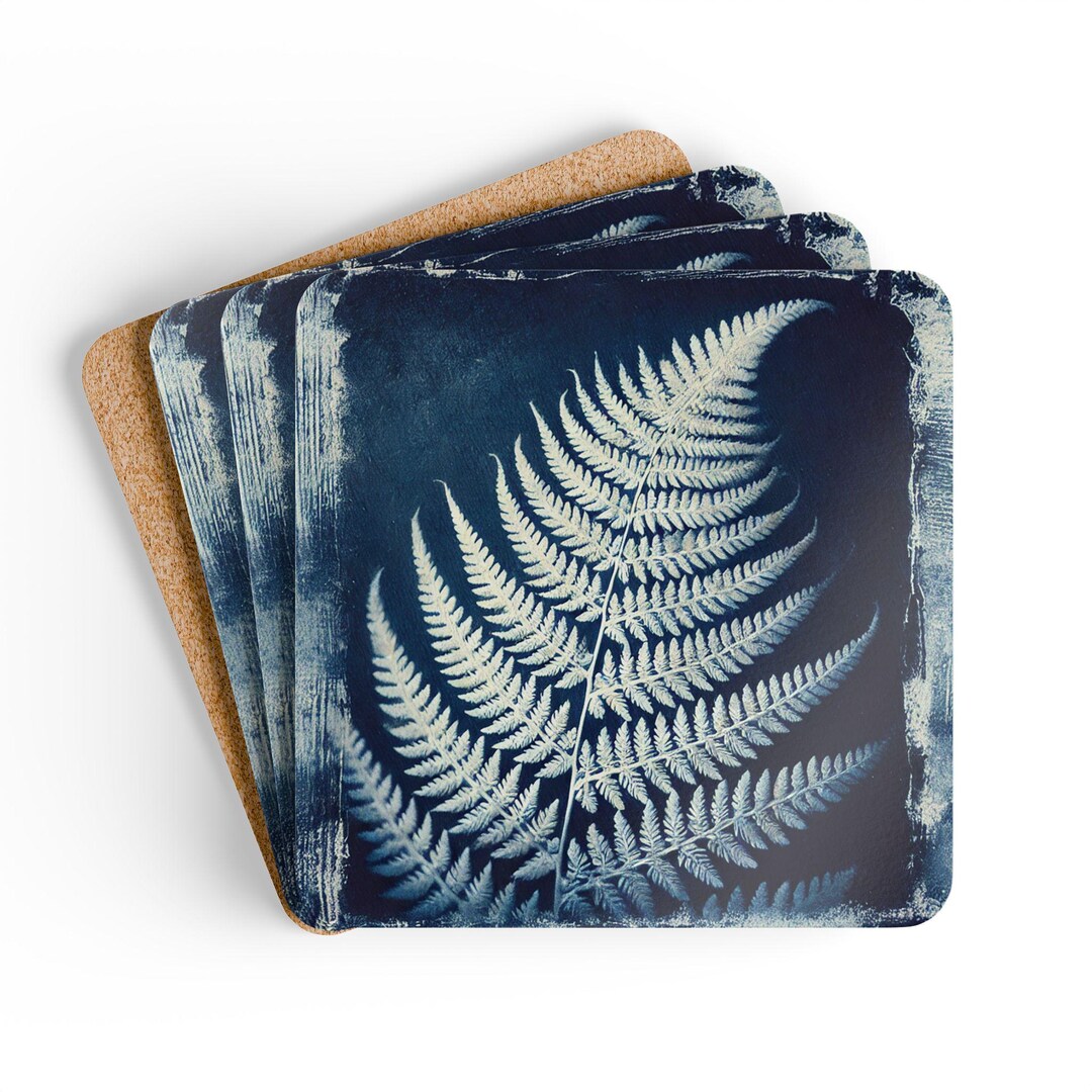 Cyanotype, Artistic Fern Cork Coaster Set | Boho Home Decor, Eco ...