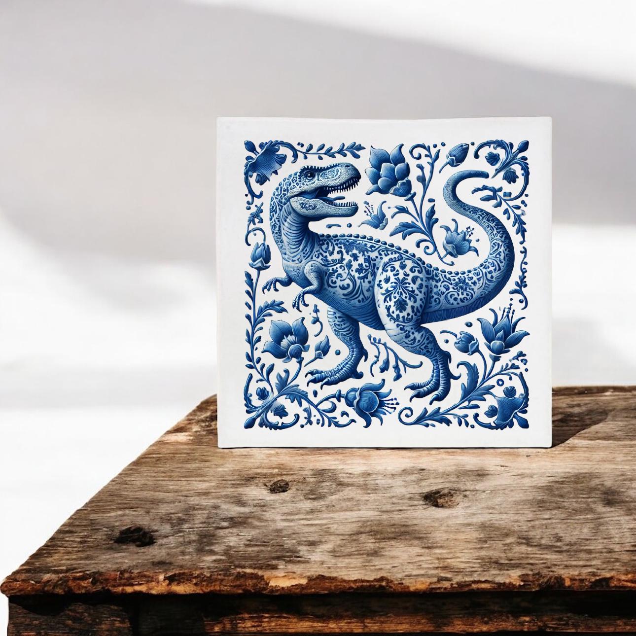 T-rex, Delft Blue Tile, Ceramic Tile, Dinosaur Decor, T-rex Decor ...