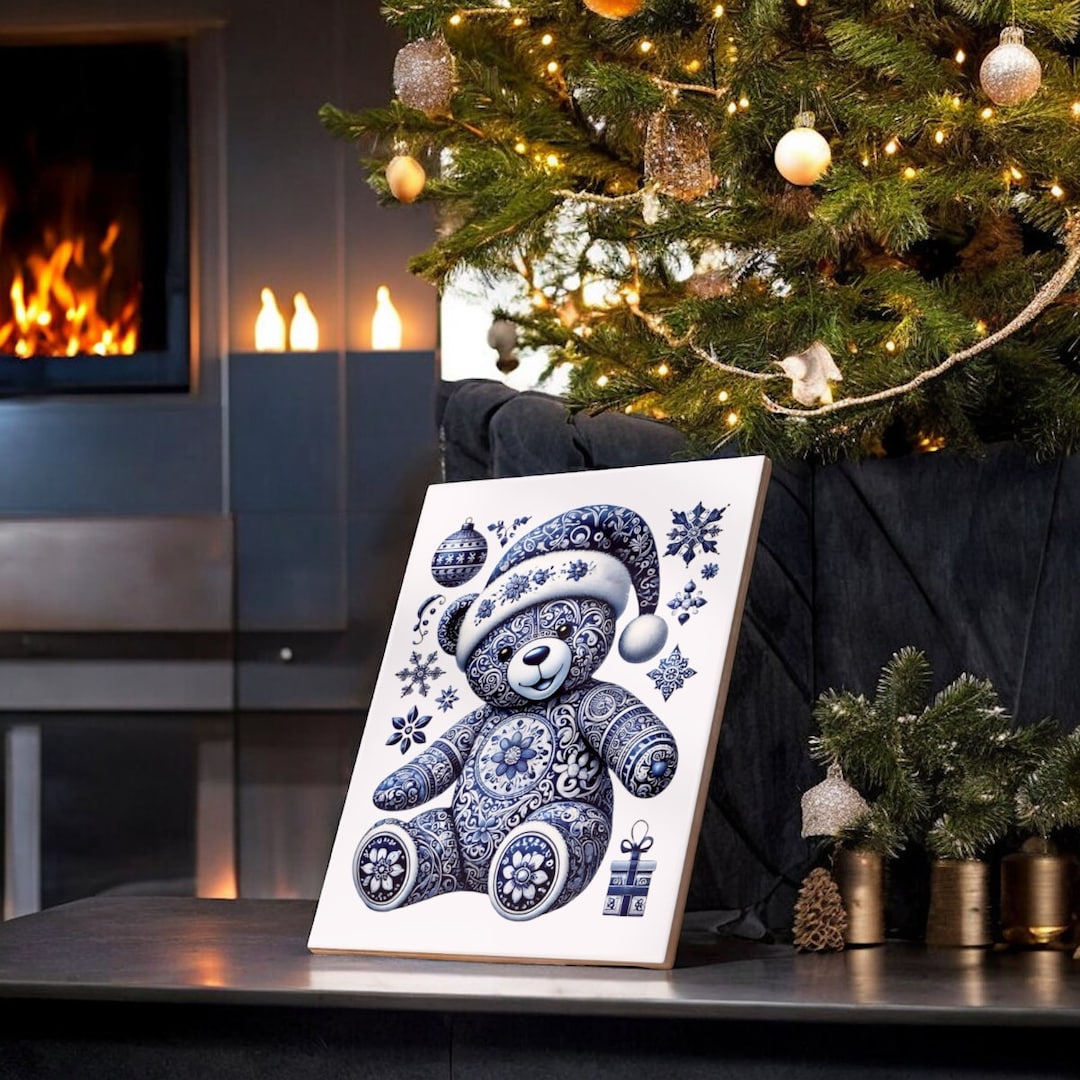 Teddy Bear, Ceramic Tile, Delft Blue, Christmas Decor, Holiday Gift ...