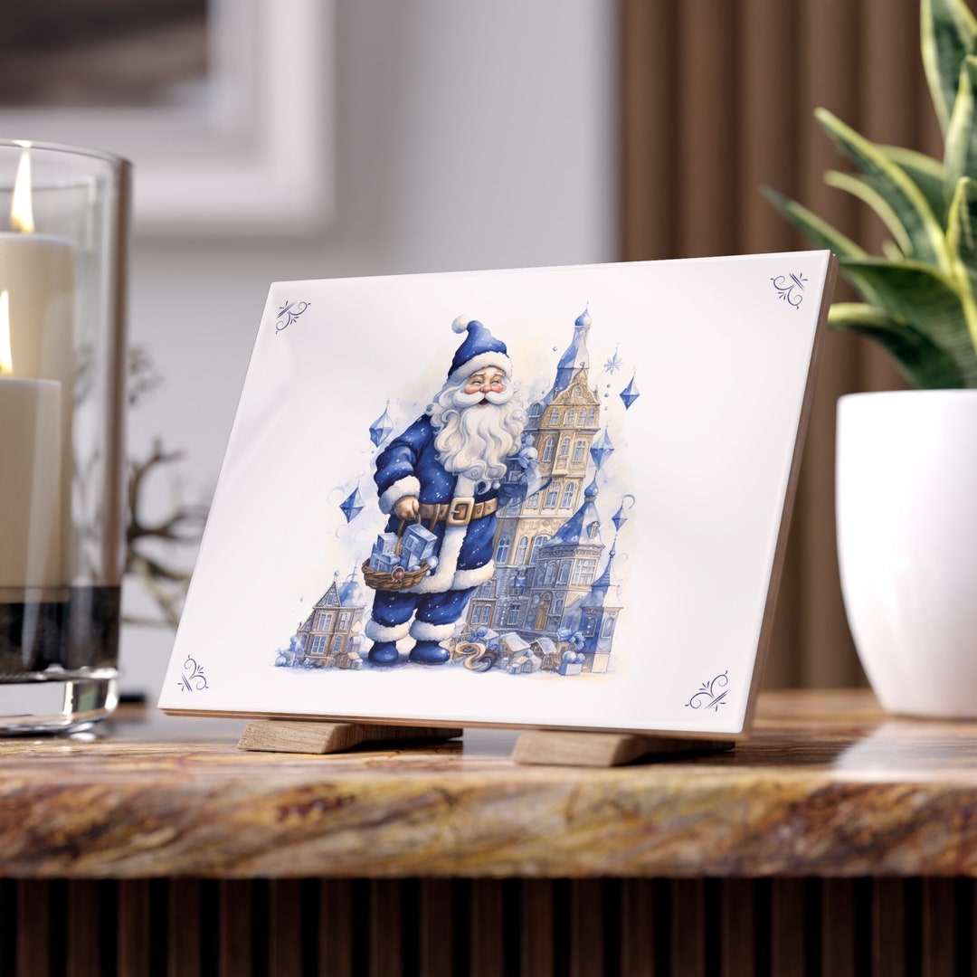 Santa, Ceramic Tile, 6" X 8", Delft Blue Tile, Santa Decor, Christmas ...