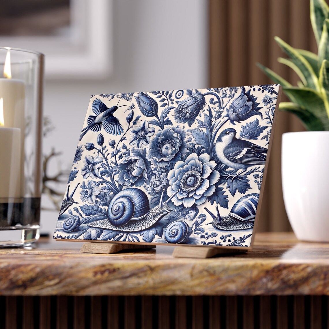 Snails and Birds Tile, Ceramic Tile, 6" X 8", Delft Blue, Garden Decor ...