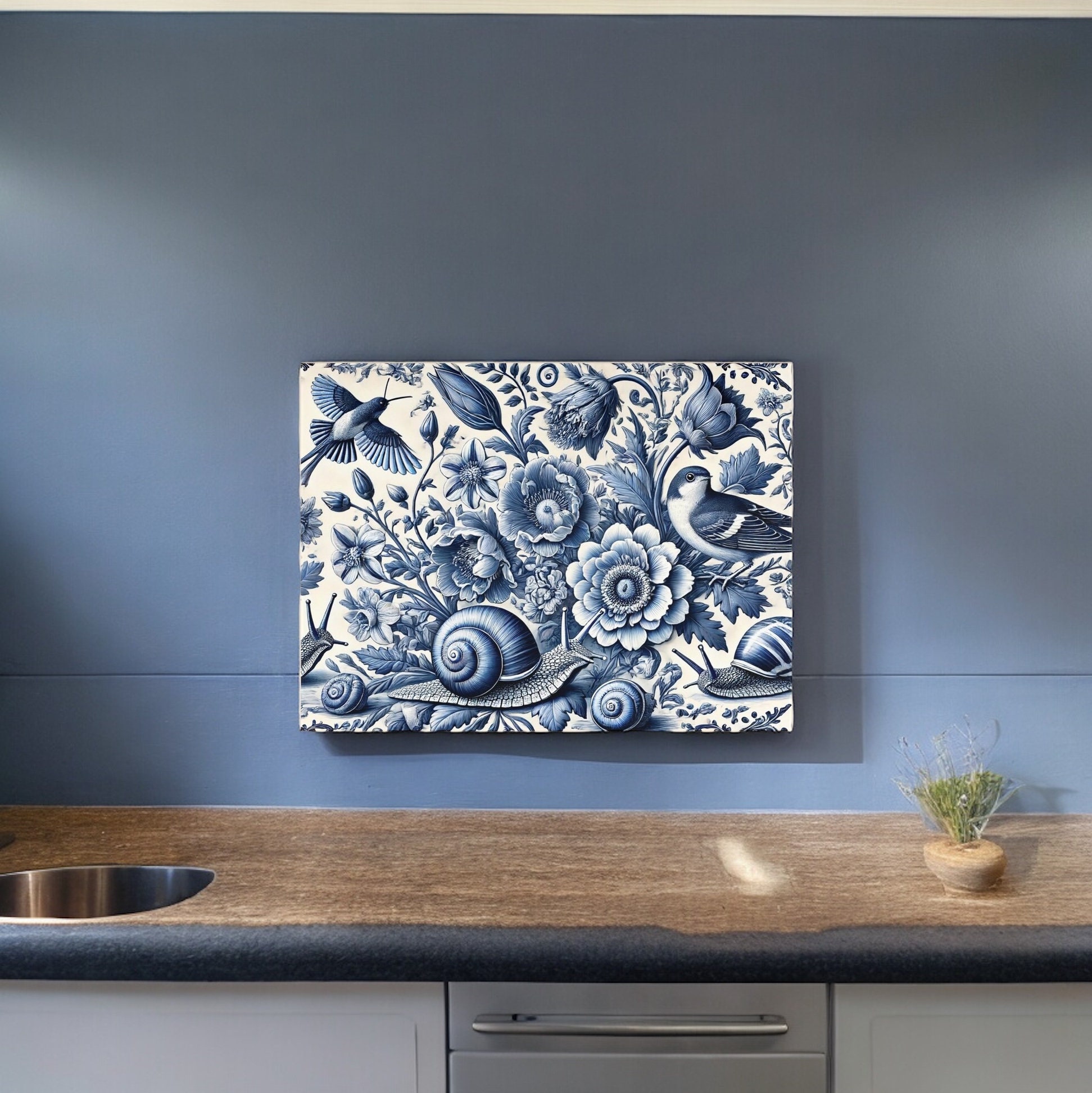 Snails and Birds Tile, Ceramic Tile, 6" X 8", Delft Blue, Garden Decor ...