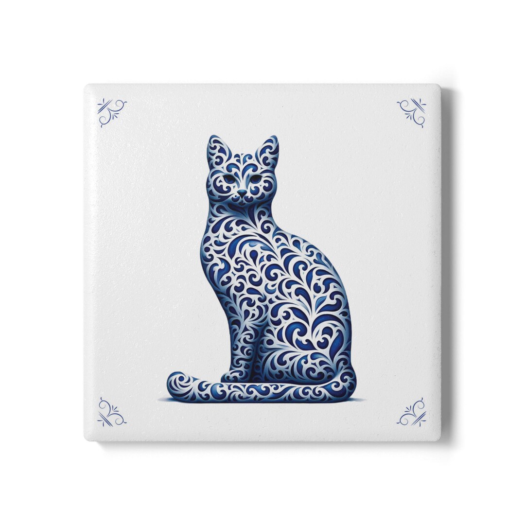 Cat, 3.94" X 3.94", Delft Blue, Ceramic Tile, Delft Blue Tile ...