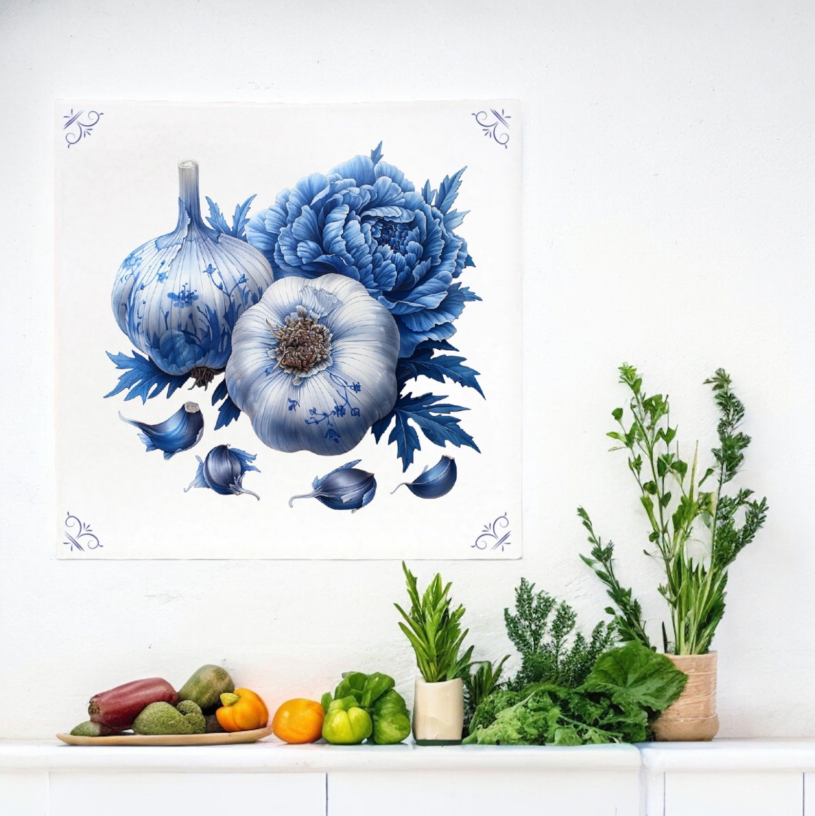 Garlic, Tile, Delft Blue, Herbs, Kitchen Herbs, Kitchen Tile, Bathroom ...