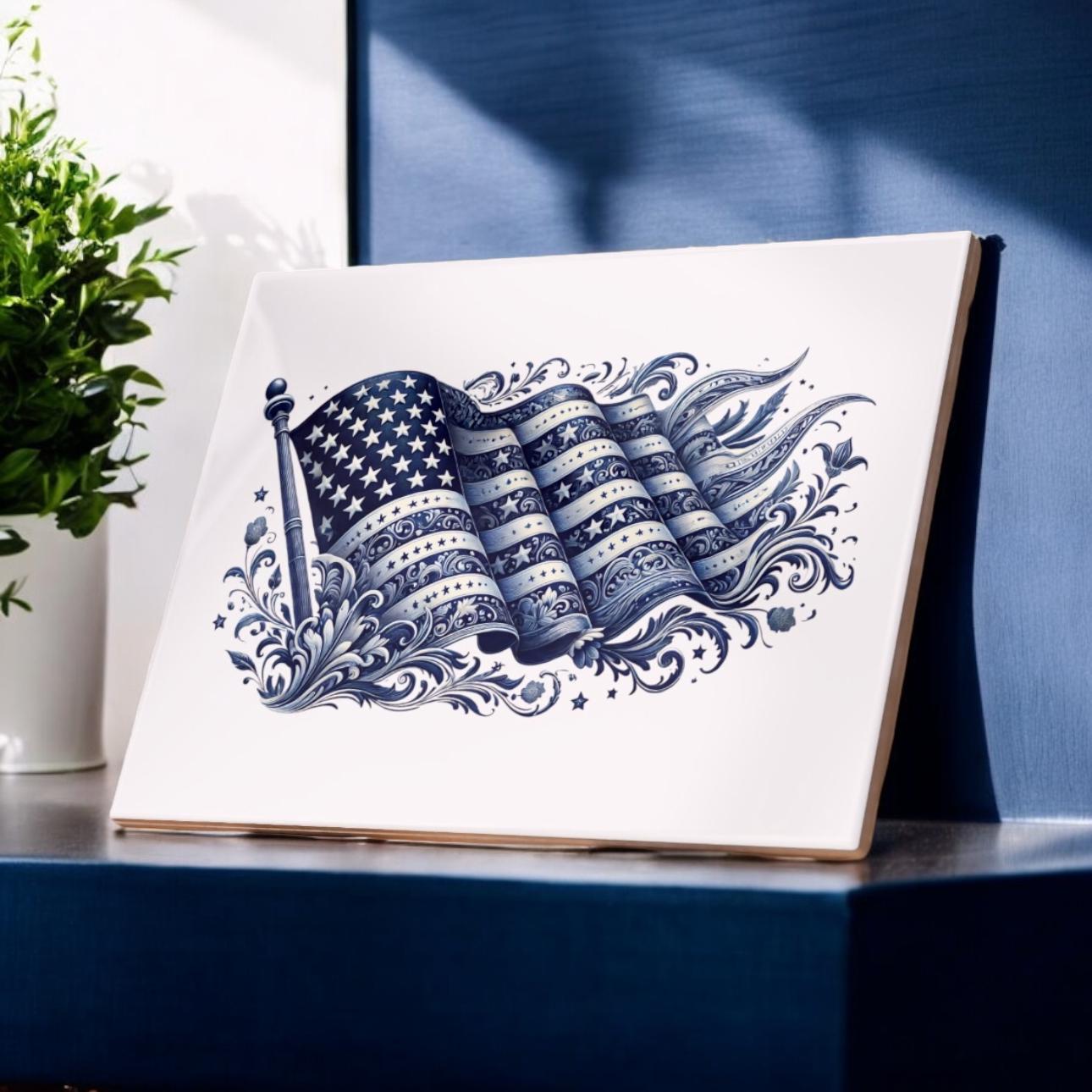 Stars and Stripes, Delft Blue Tile, Ceramic Tile, 6" X 8", USA Flag ...