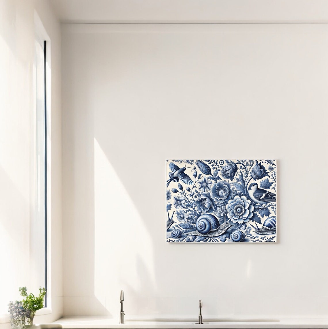 Snails and Birds Tile, Ceramic Tile, 6" X 8", Delft Blue, Garden Decor ...