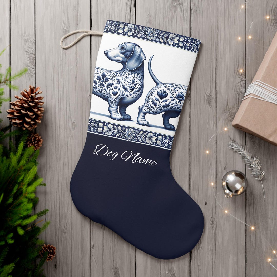 Dachshund Stocking, Delft Blue Christmas Stocking, Dog Santa Stocking ...