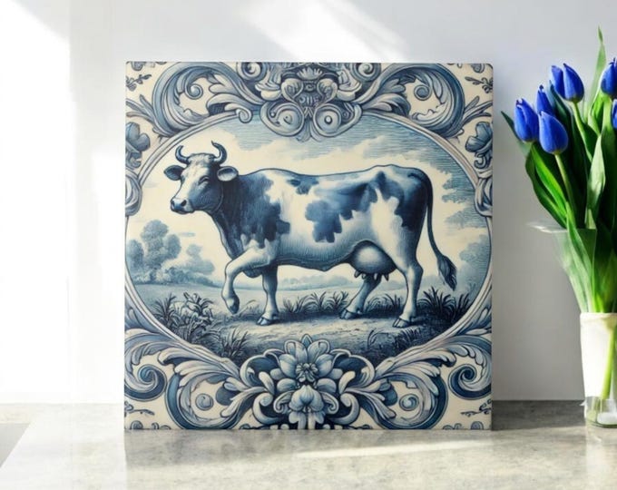 Vintage Delft Art Tiles Holland Woman Carrying Water With Cows Flowers ...