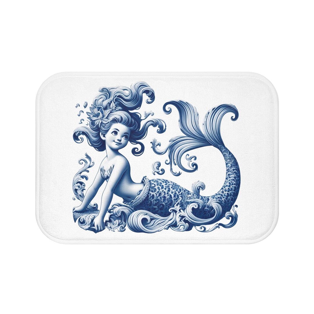 Mermaid Bath Mat, Delft Blue Design, Little Mermaid, Bathroom Decor ...