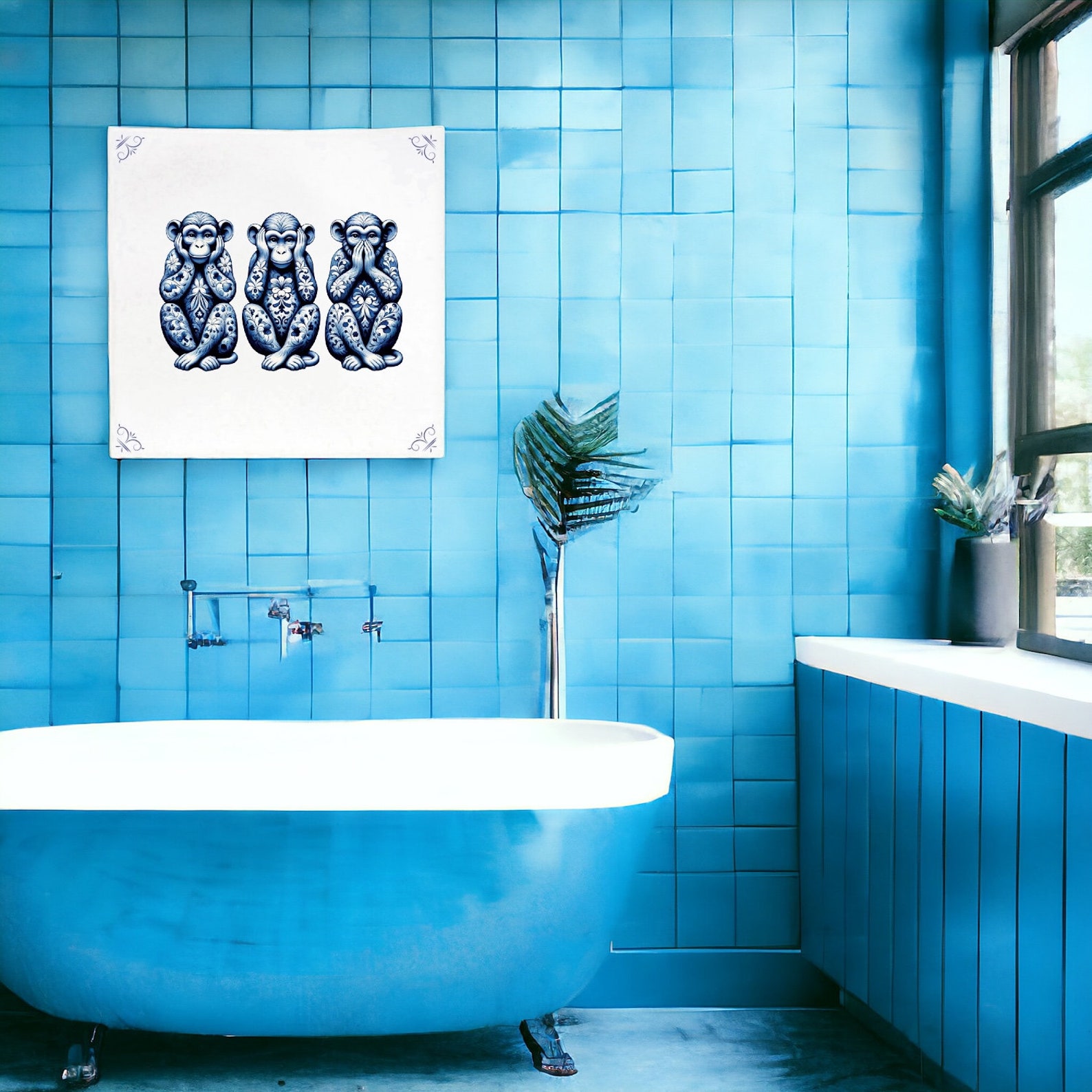 Monkey, Tile, Delft Blue, Chimp, Chimpanzee, Kitchen Decor, Bathroom ...