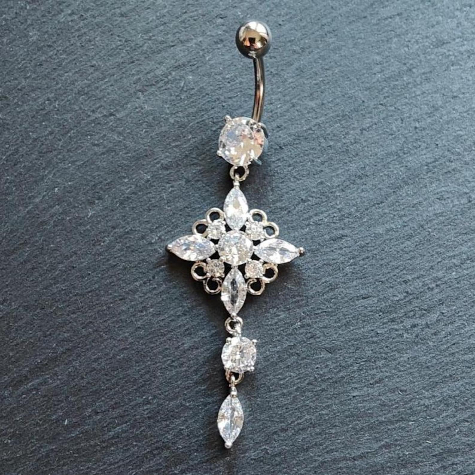 Silver Dangle Navel Piercing – Long Belly Button Jewelry With Rhombus ...