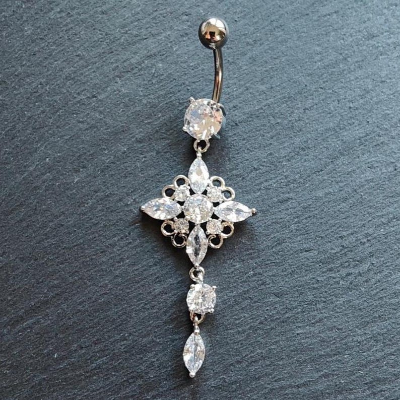 Silver Dangle Navel Piercing – Long Belly Button Jewelry With Rhombus ...