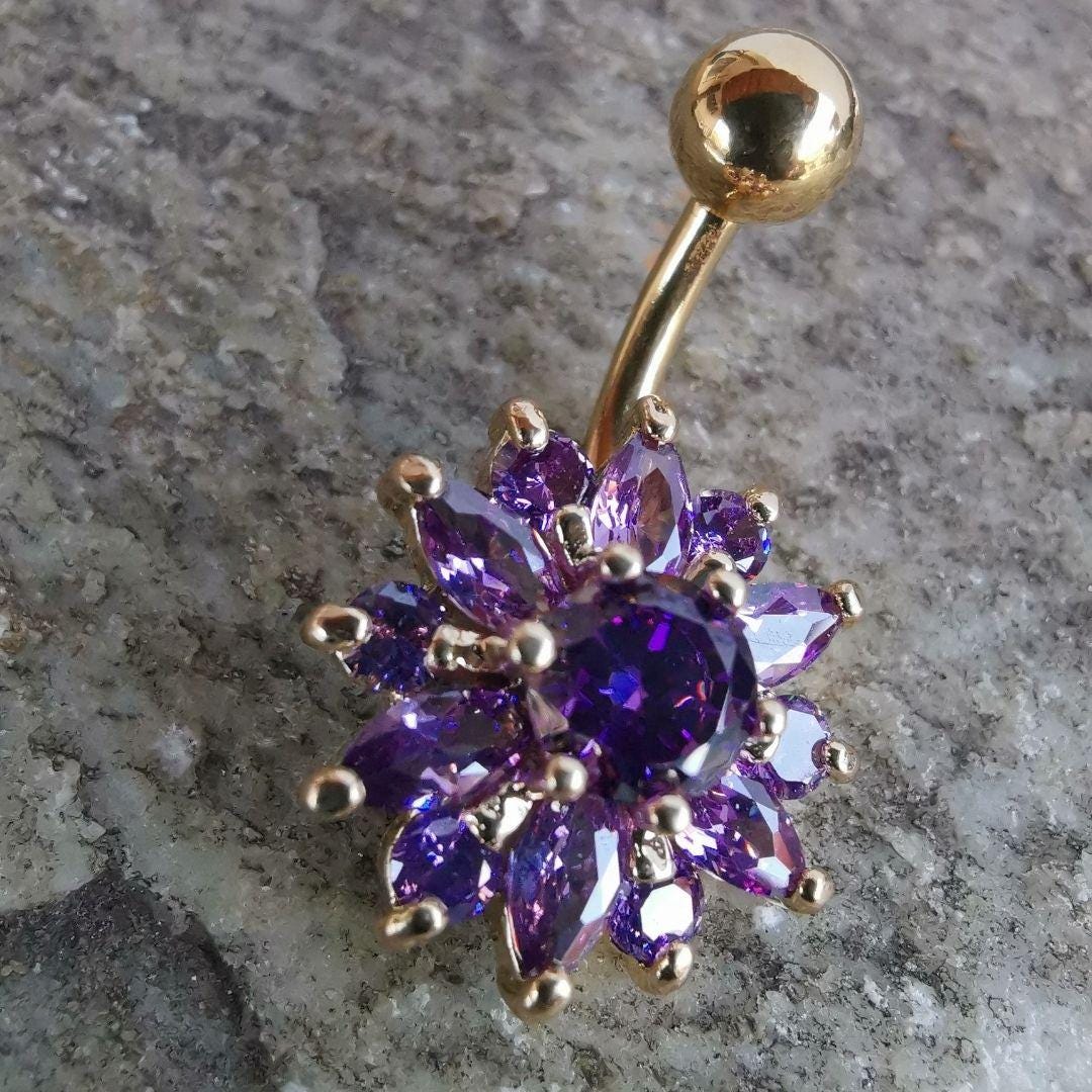 Purple Flower Belly Button Ring: 14G Gold Surgical Steel 316L Navel ...