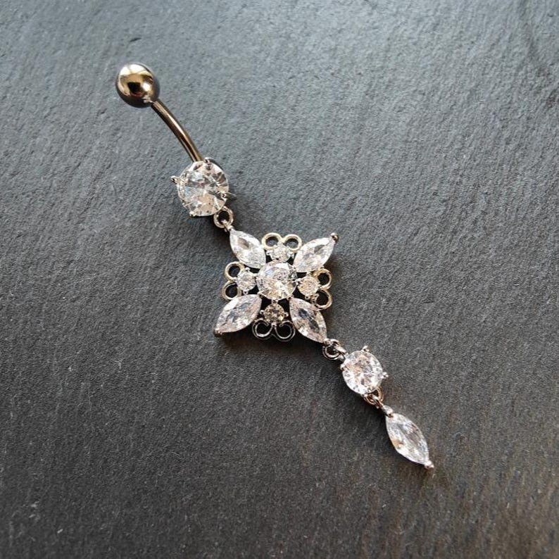 Silver Dangle Navel Piercing – Long Belly Button Jewelry With Rhombus ...