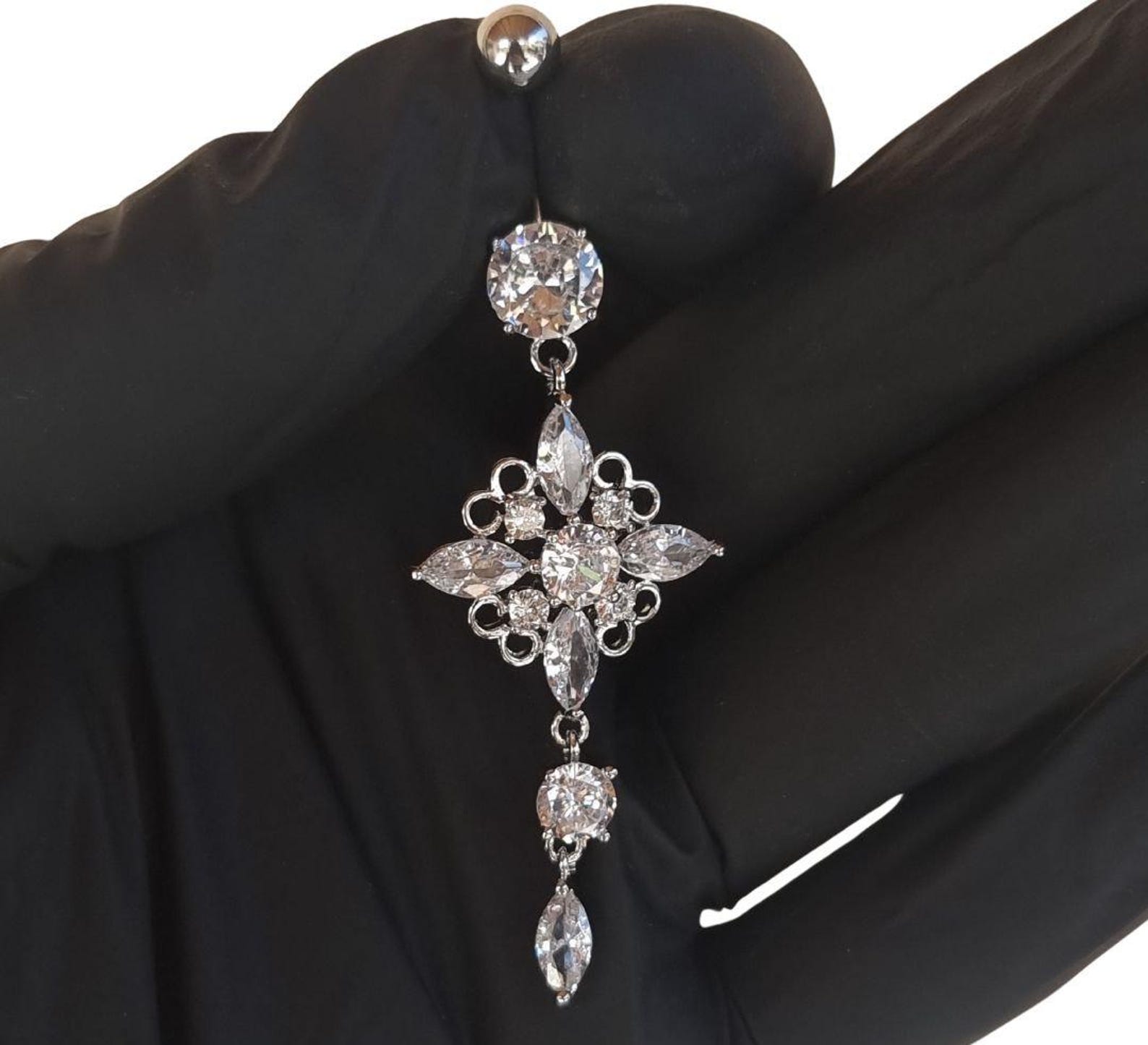 Silver Dangle Navel Piercing – Long Belly Button Jewelry With Rhombus ...