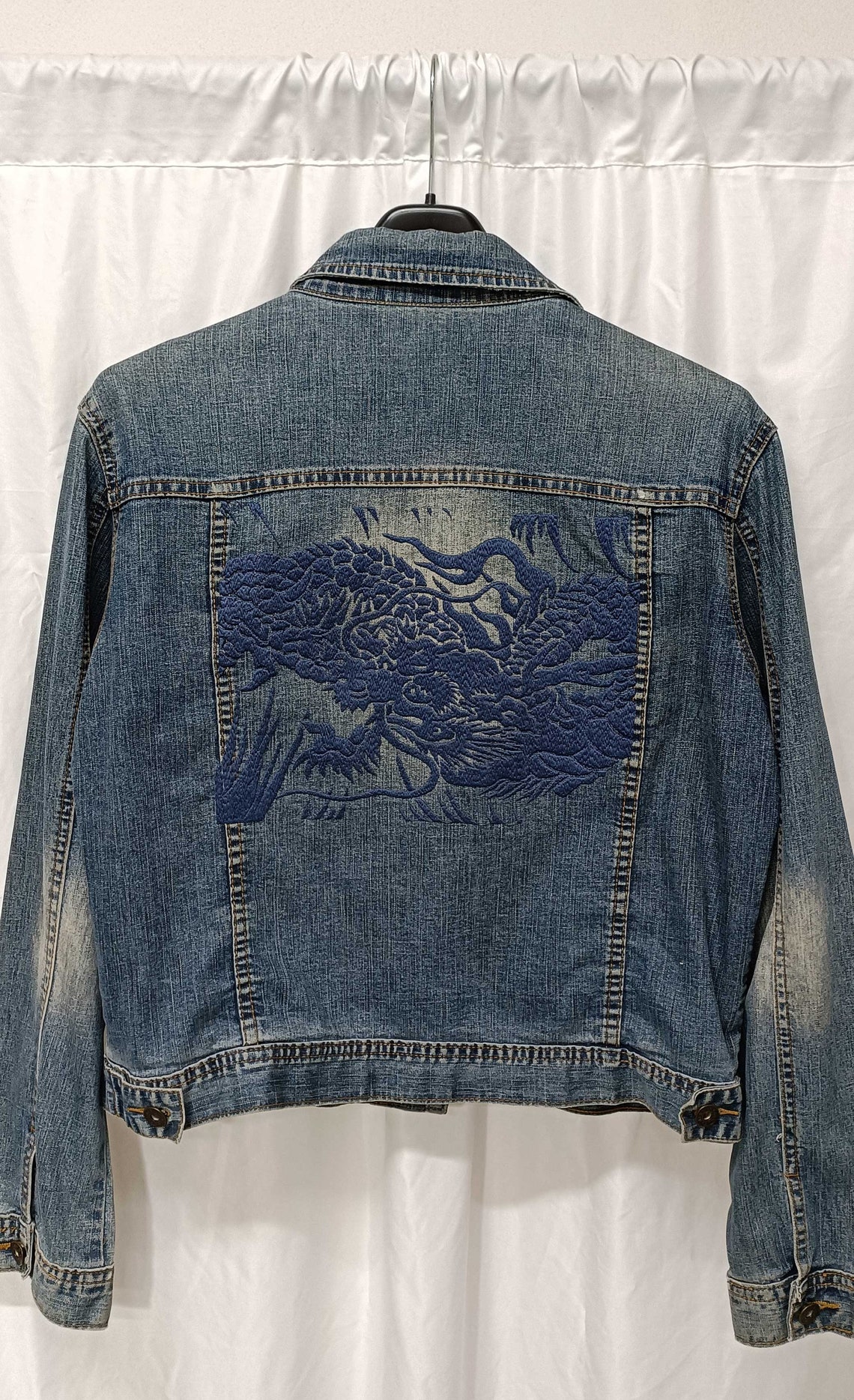 Denim Custom Jacket With Dragon Embroidery Size XL - Etsy