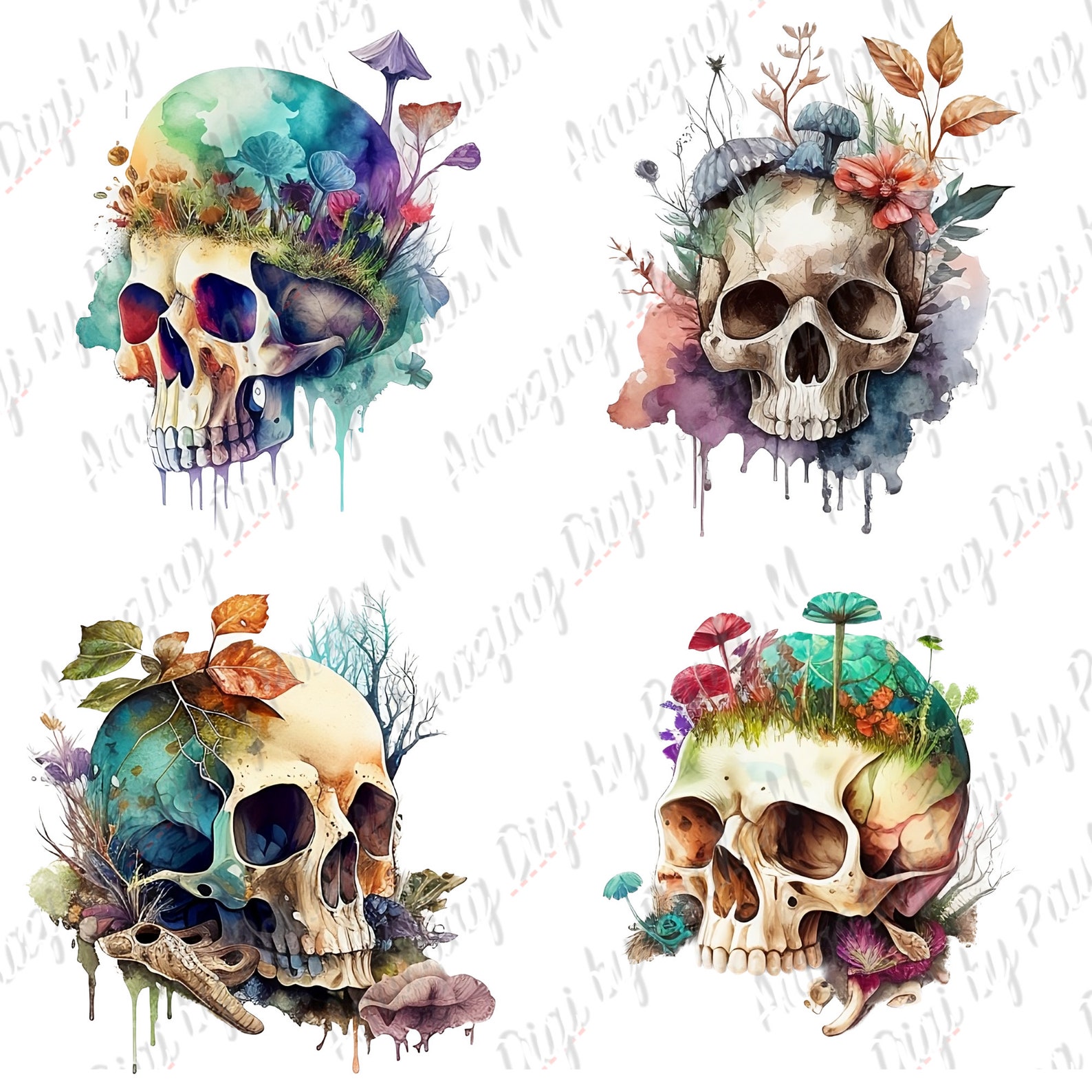 Watercolor Skulls Splash Sublimation PNG, Skull Digital Clipart ...