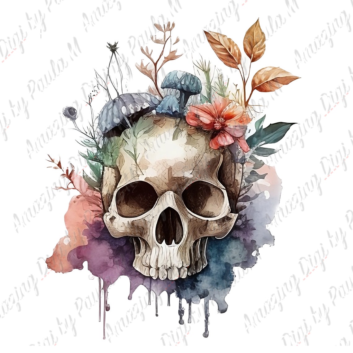 Watercolor Skulls Splash Sublimation PNG, Skull Digital Clipart ...