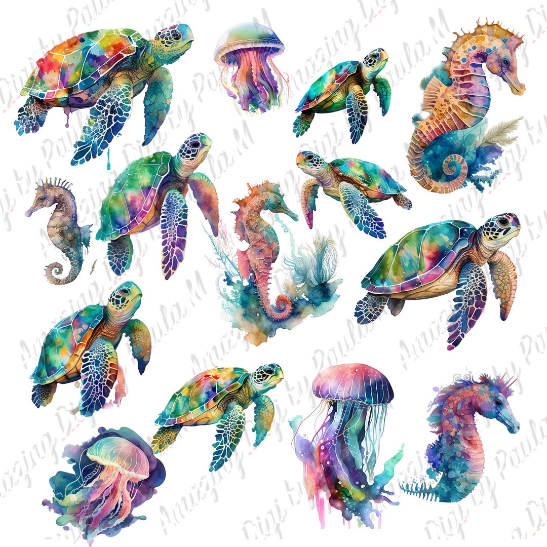 Watercolor Sea Turtle Clipart, Cute Nautical Ocean Animals PNG Clip Art ...