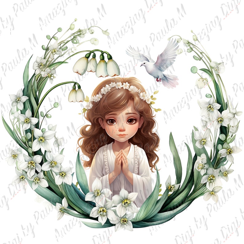 First Communion Clipart, Watercolor Clipart First Communion for Girls ...