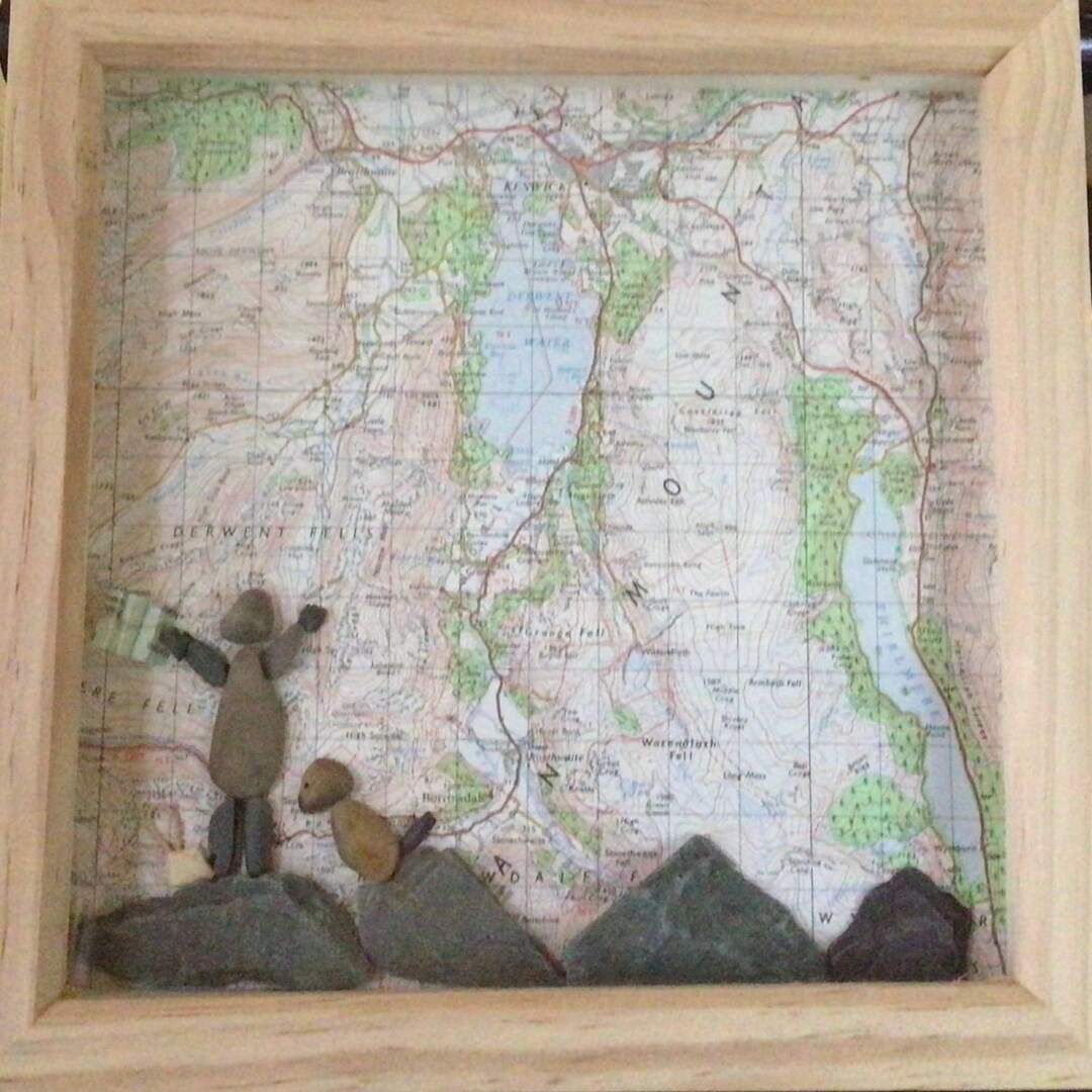 Lake District Map Art, Pebble Person and Dog, Keswick Wooden Frame ...