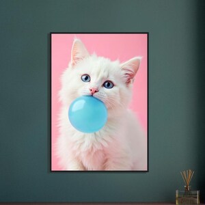 Fine Art Cat Bubblegum Print - Fluffy Cat Blowing Bubble Gum Print ...