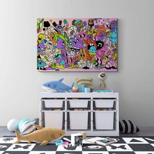Handmade Abstract Cartoon Characters Canvas Wall Art Cute and Colorful ...