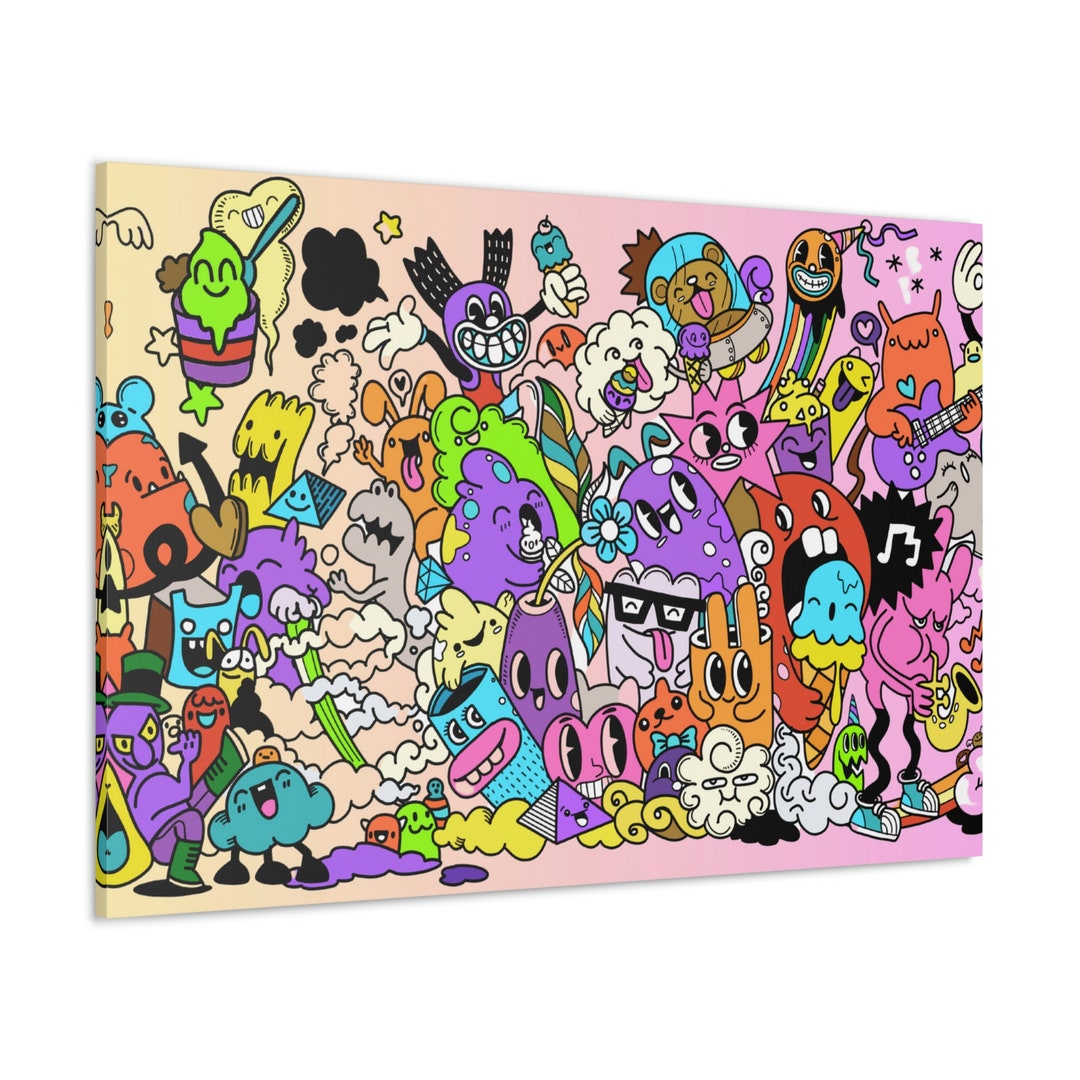 Handmade Abstract Cartoon Characters Canvas Wall Art Cute and Colorful ...