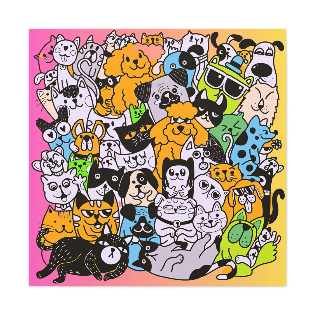 Handmade Abstract Dogs and Cats Cartoon Characters Canvas Wall Art ...