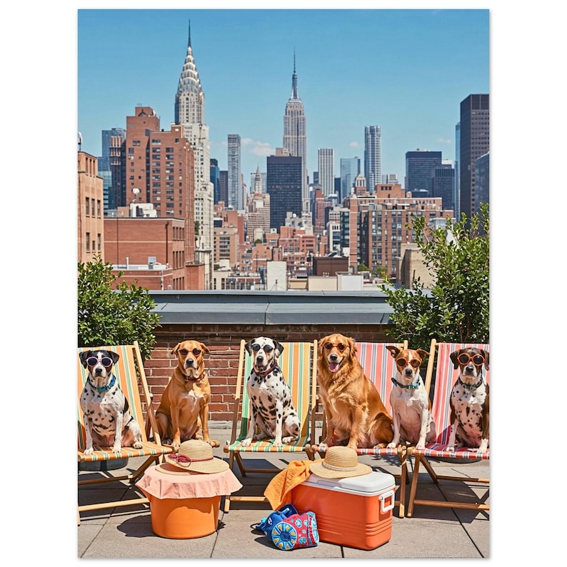 NYC Rooftop Dogs Print - Funny Dogs in New York Framed Fine Art Print ...