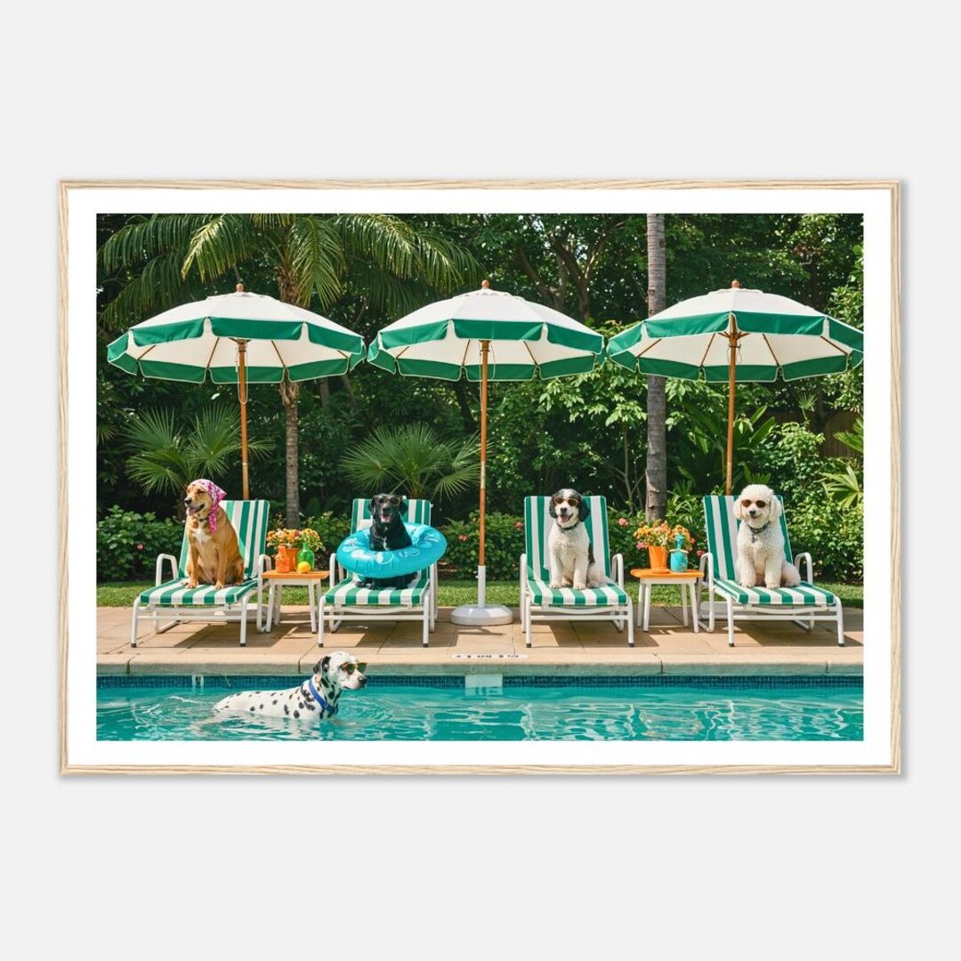 Fine Art Dogs by Pool Print - Retro Poolside Dogs Wall Art - Luxury ...