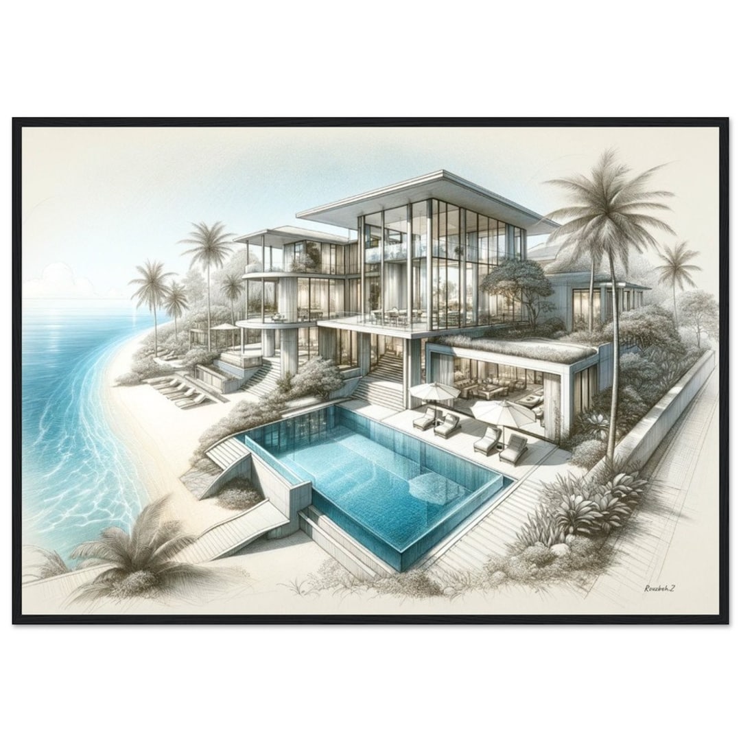 Fine Art Luxury Beach Villa Sketch Art - Framed Architectural Sketch ...