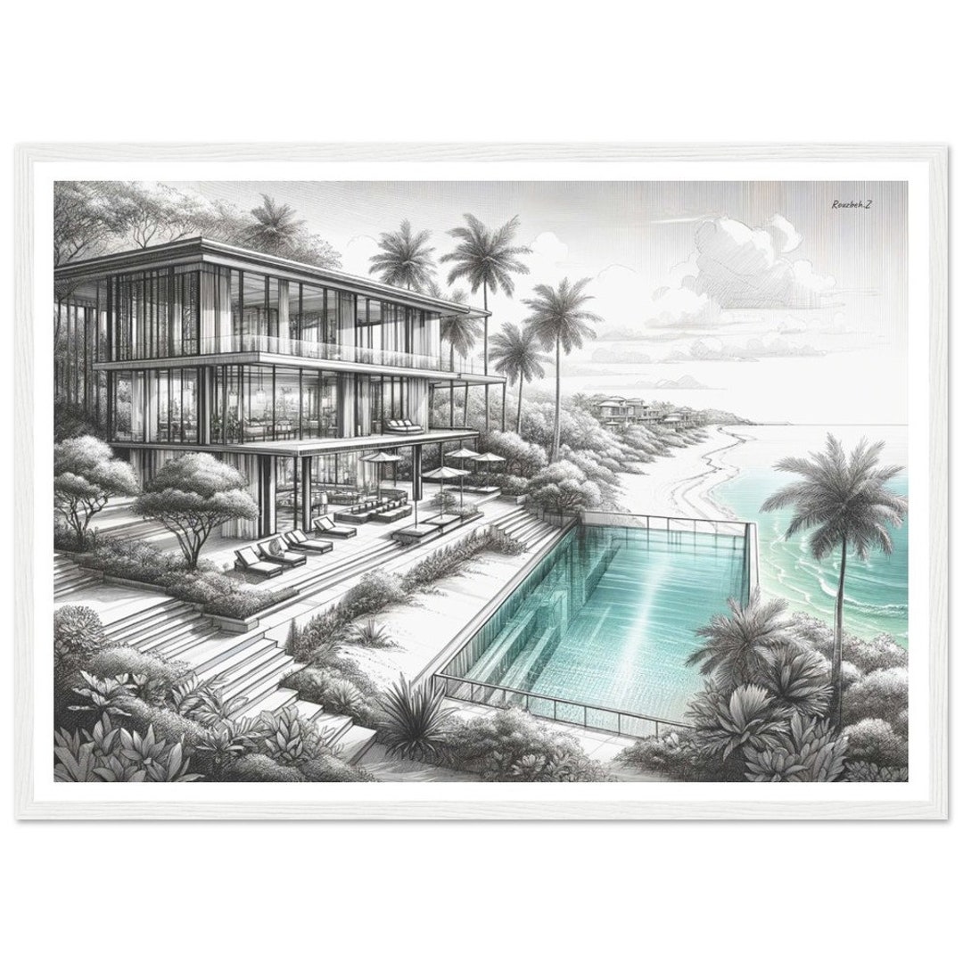 Fine Art Coastal Villa Architectural Drawing - Framed Fine Art - Luxury ...