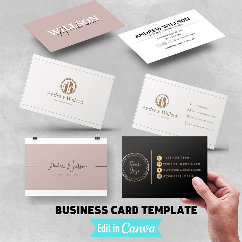 Business Visiting Card Template Set of 5, Canva, Minimal Editable Black ...